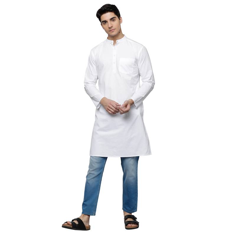 Svanik White Solid Cotton Classic Long Kurta. - Svanik - 2930340