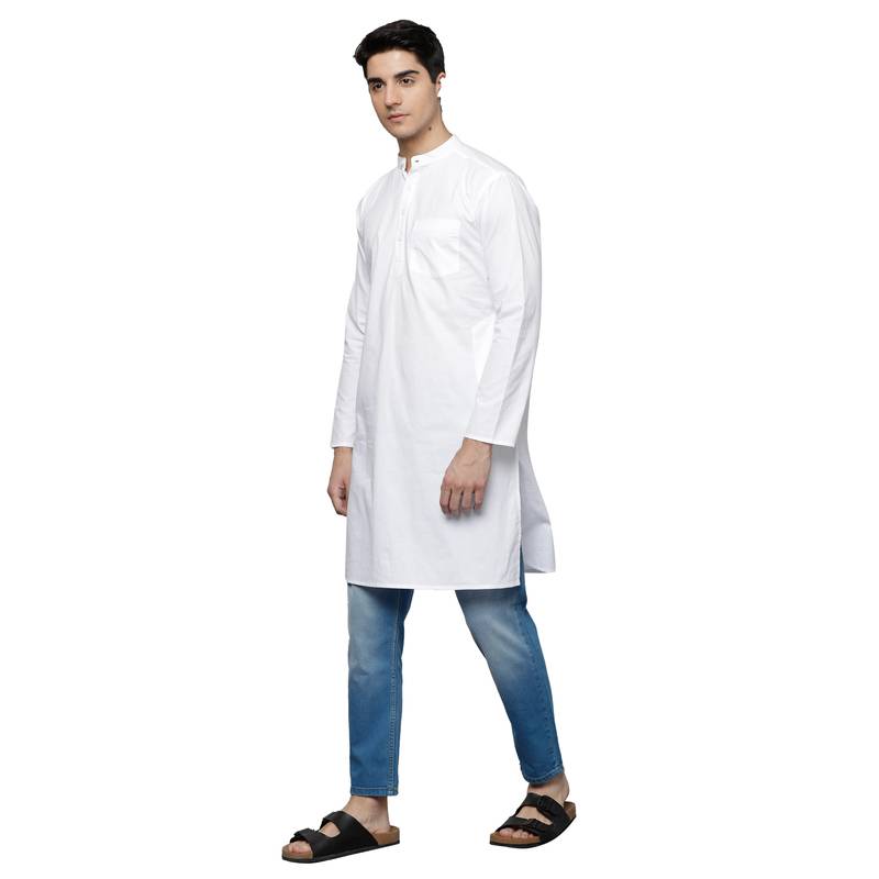 Svanik White Solid Cotton Classic Long Kurta. - Svanik - 2930340