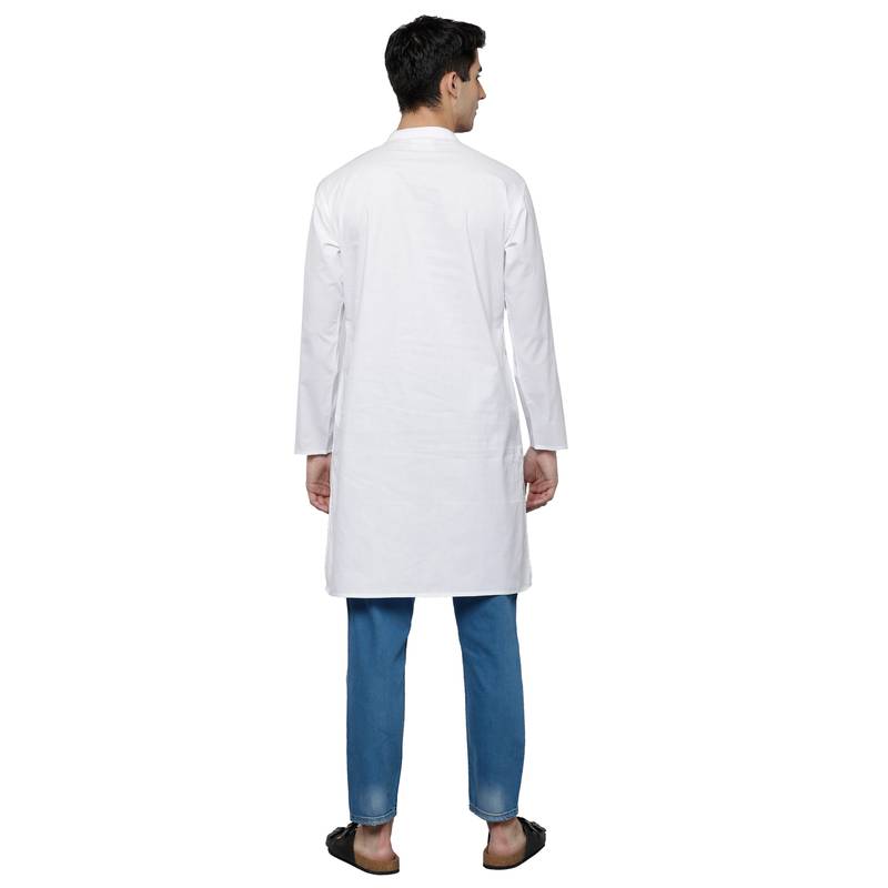 Svanik White Solid Cotton Classic Long Kurta. - Svanik - 2930340