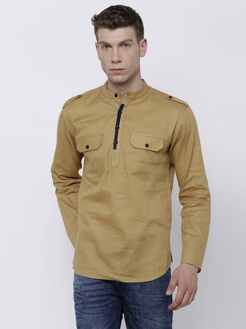 Svanik Khaki Stripe Cotton Fashion Short Kurta. - Svanik - 2930361