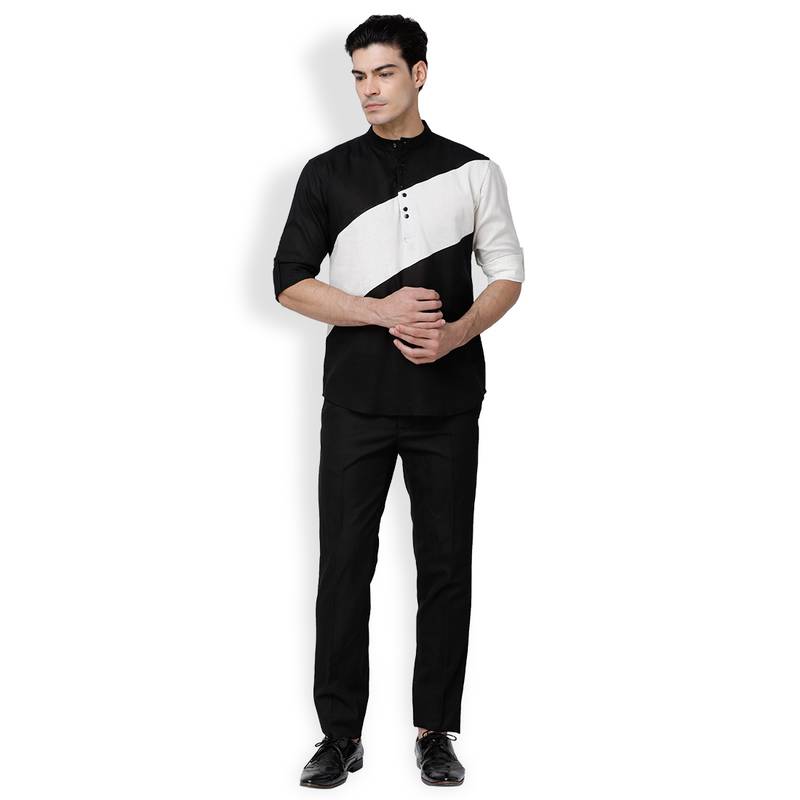 Svanik Men's Black&white Blended Color Block Kurta - Svanik - 2930368