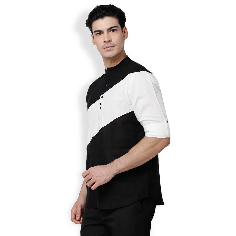 Svanik Men's Black&white Blended Color Block Kurta - Svanik - 2930368