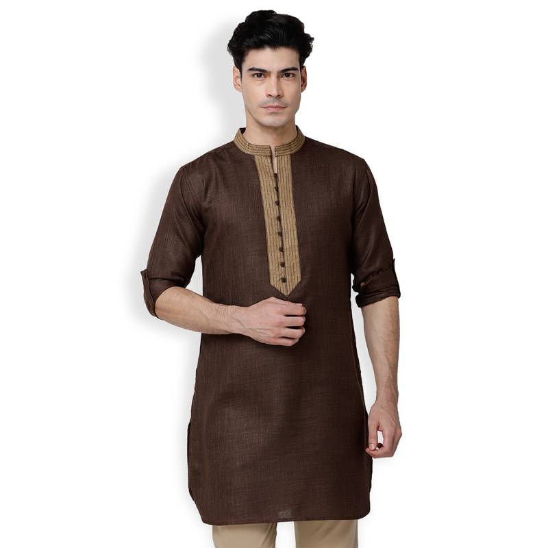 Svanik Brown Solid Cotton Classic Mid Kurta - Svanik - 2930396