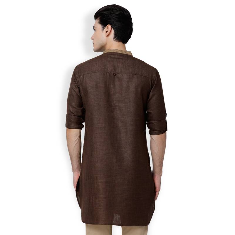 Svanik Brown Solid Cotton Classic Mid Kurta - Svanik - 2930396