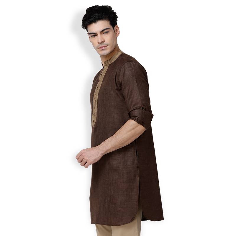 Svanik Brown Solid Cotton Classic Mid Kurta - Svanik - 2930396