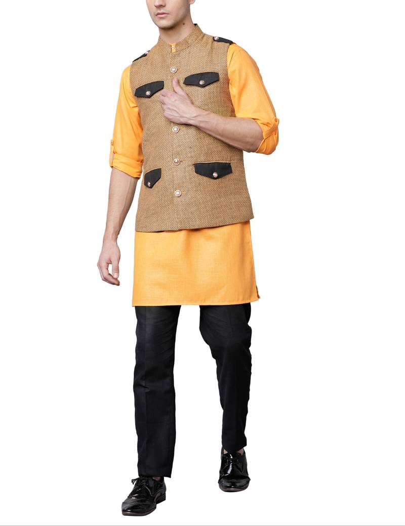 Svanik Yellow Solid Blended Classic Mid Kurta - Svanik - 2930412
