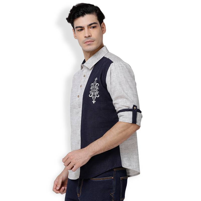Svanik Grey Solid Blended Casual Short Kurta. - Svanik - 2930426