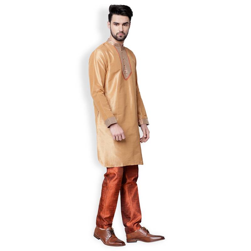 Svanik Blended Solid Gold Kurta Set - Svanik - 2930436