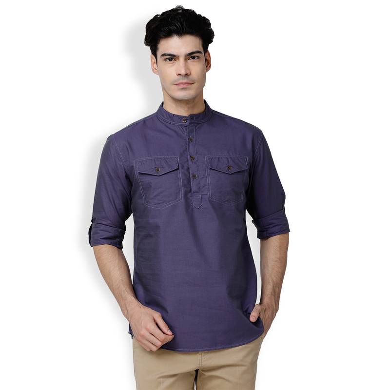 Svanik Navy Blue Solid Cotton Fashion Short Kurta - Svanik - 2930437