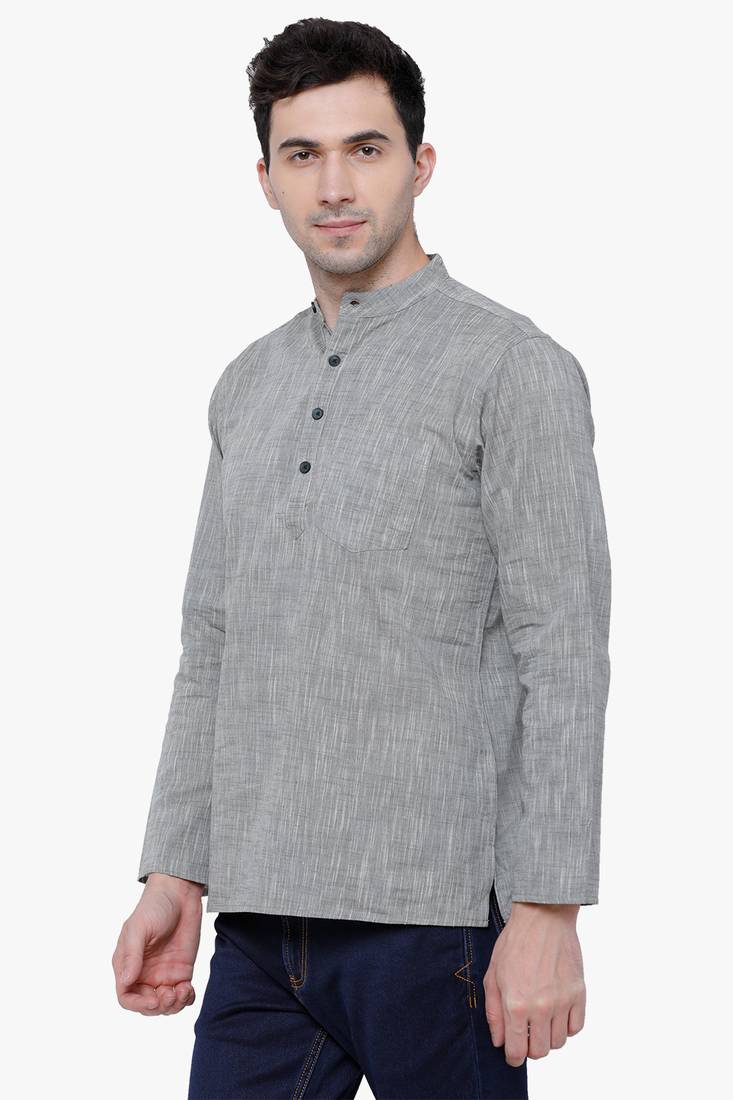 Svanik Grey Cotton Solid Classic Short Kurta - Svanik - 2930438