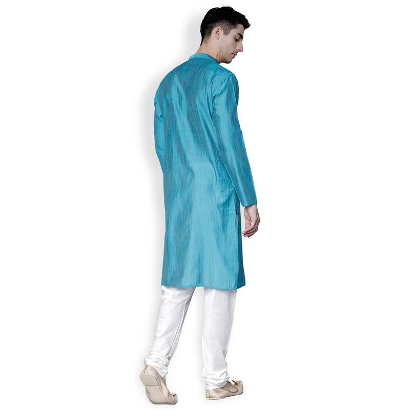 Svanik Sky Blue Blended Classic Long Kurta - Svanik - 2930534