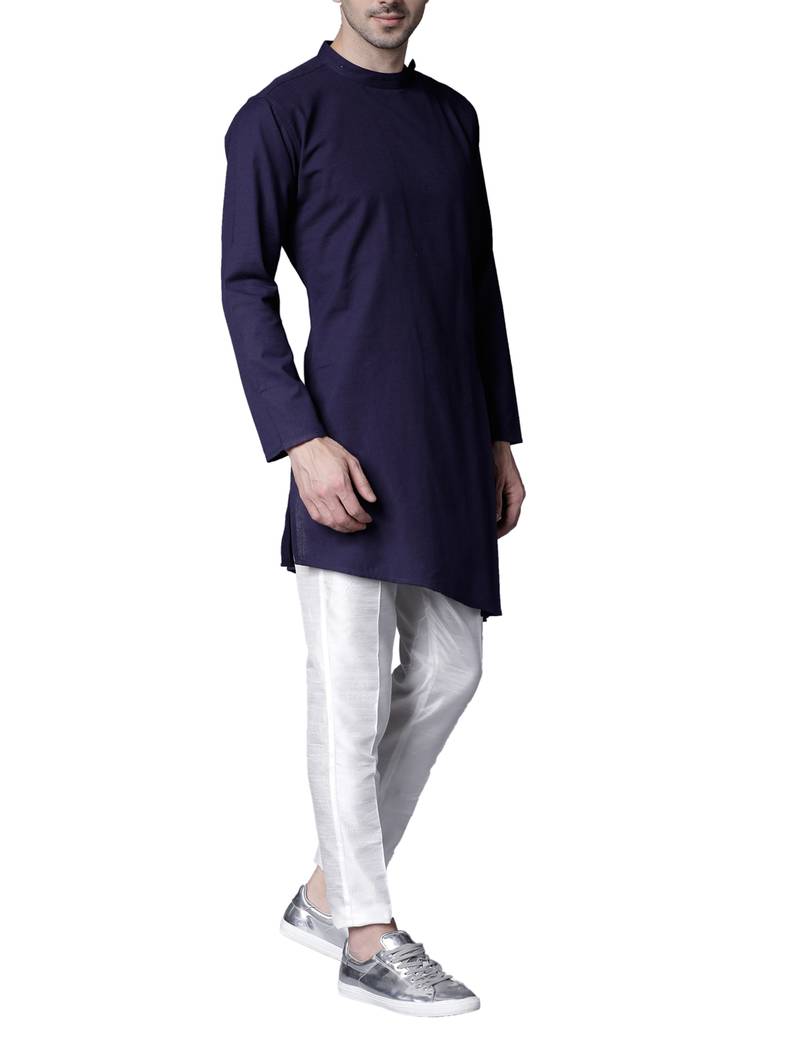 Svanik Navy Blue Solid Blended Assymetric Pleated Kurta - Svanik - 2930542