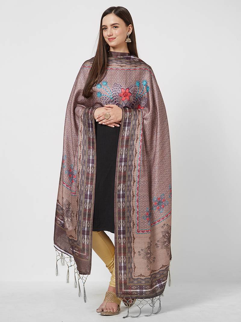 Brown Pashmina Silk Printed floral_print & geometric_print Only Dupatta ...