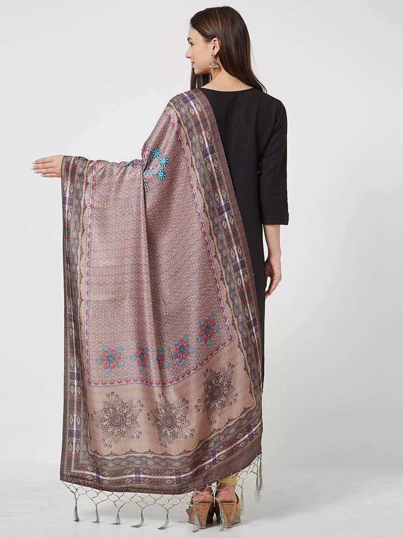 Brown Pashmina Silk Printed floral_print & geometric_print Only Dupatta ...