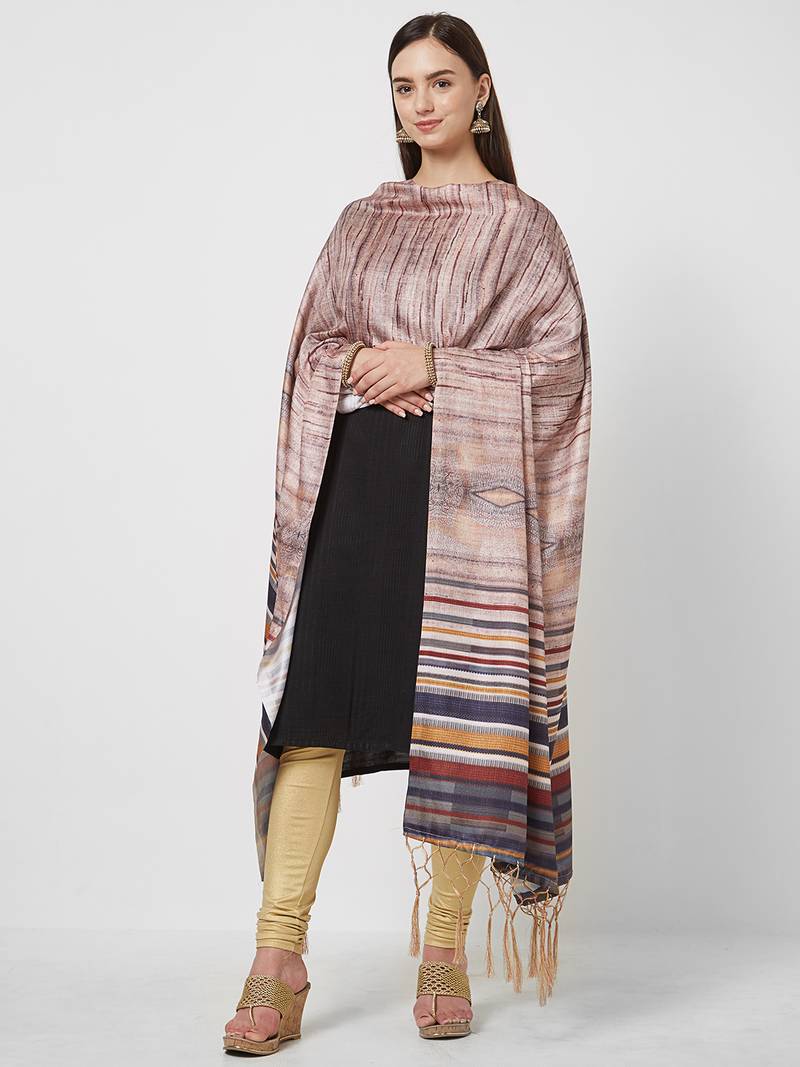 Beige Pashmina Silk Printed Strips Only Dupatta - Sareemall - 2932631