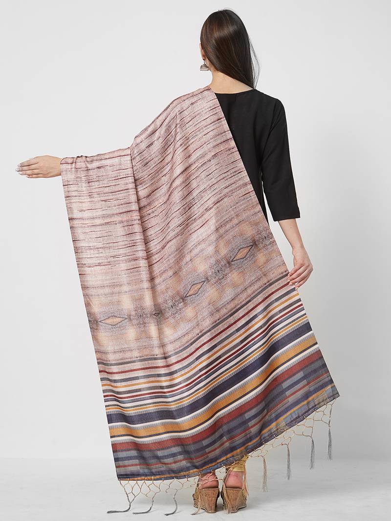 Beige Pashmina Silk Printed Strips Only Dupatta - Sareemall - 2932631