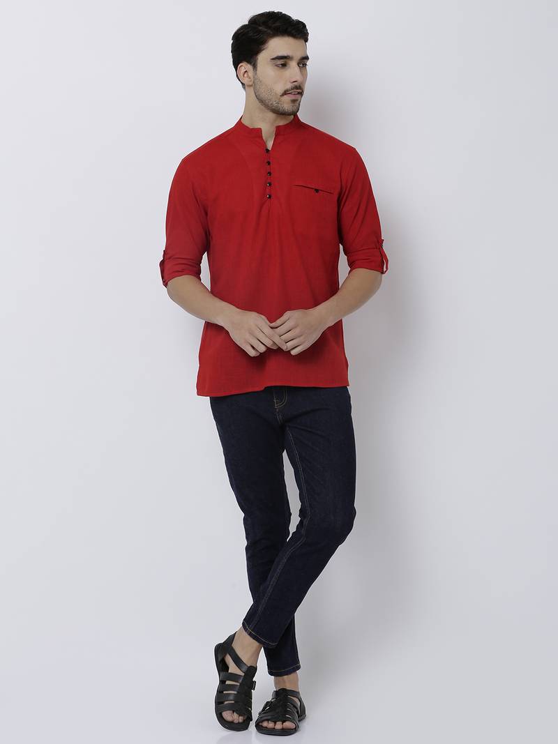 Svanik Red Solid Cotton Stylized Short Kurta. - Svanik - 2932952