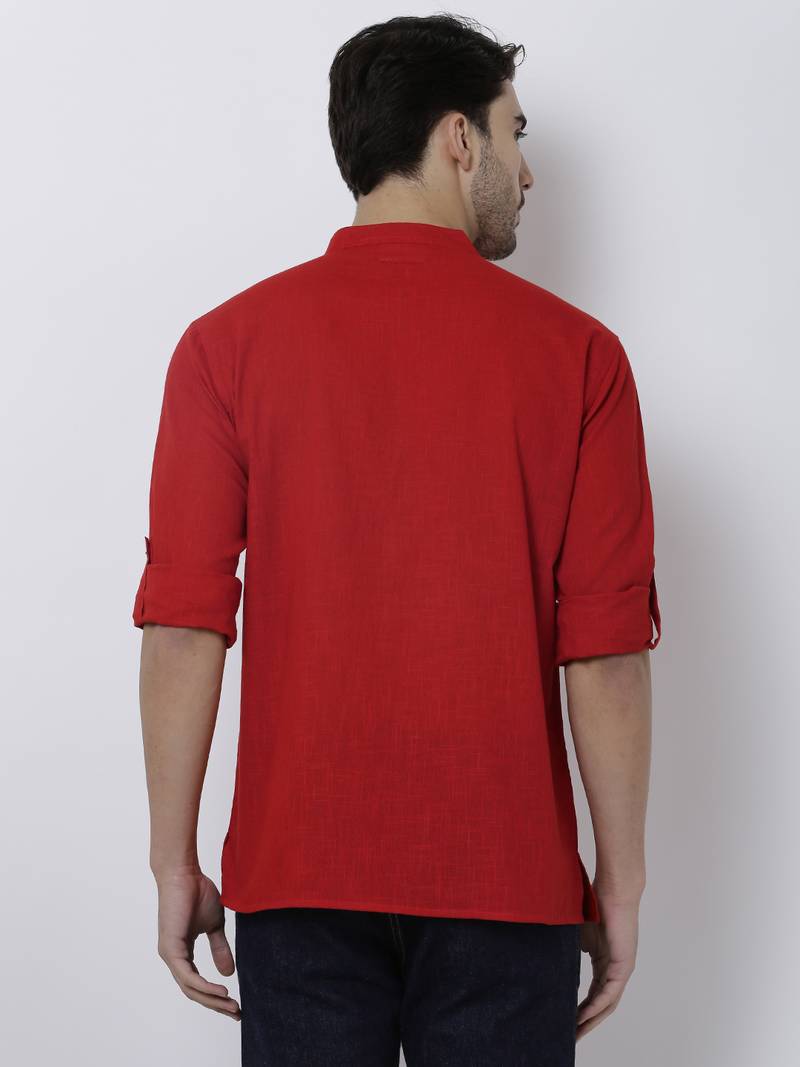 Svanik Red Solid Cotton Stylized Short Kurta. - Svanik - 2932952