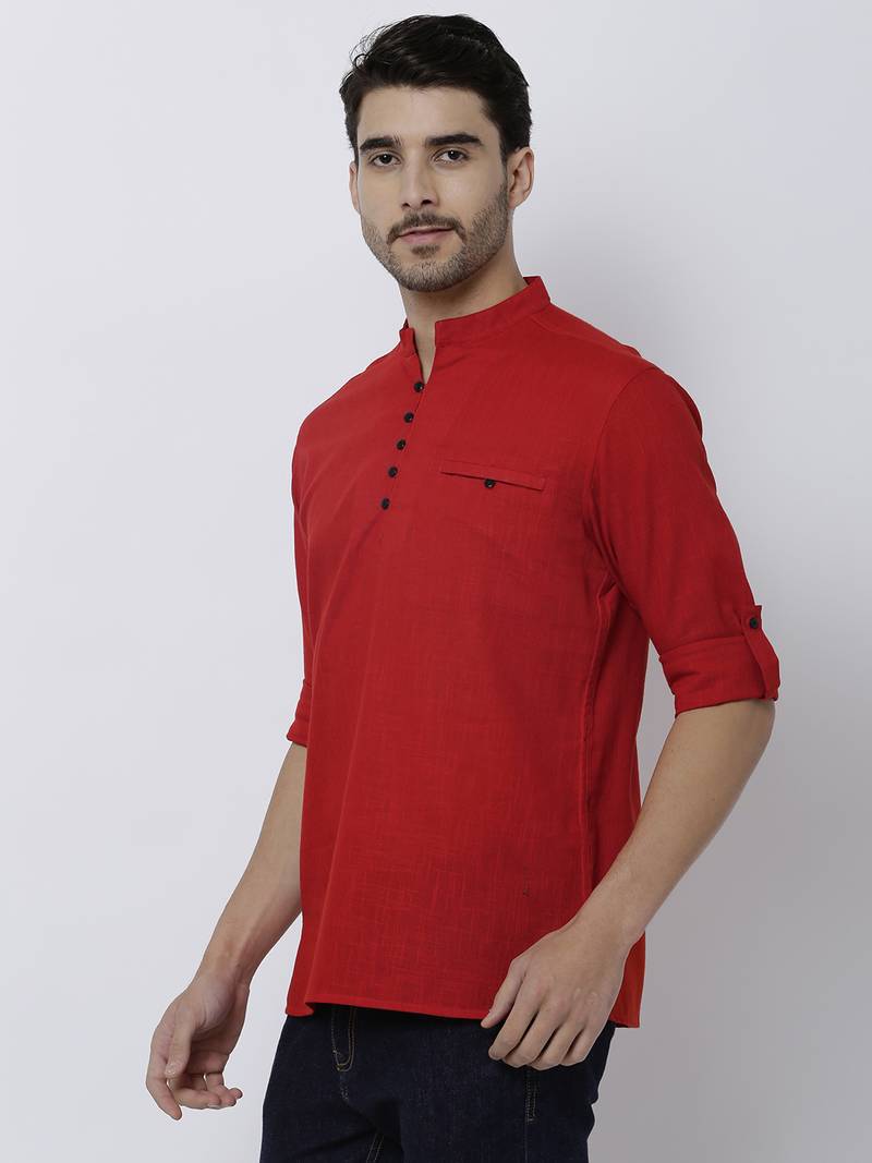 Svanik Red Solid Cotton Stylized Short Kurta. - Svanik - 2932952