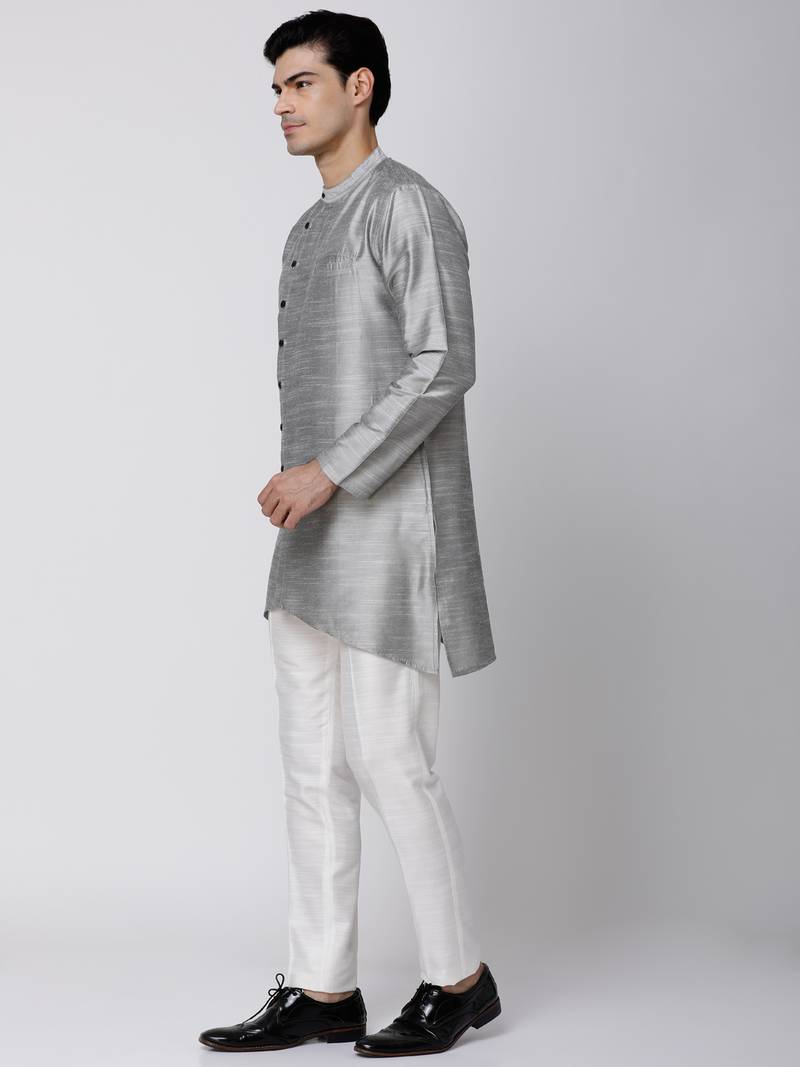 Svanik Silver Solid Blended Classic Long Kurta. - Svanik - 2932959