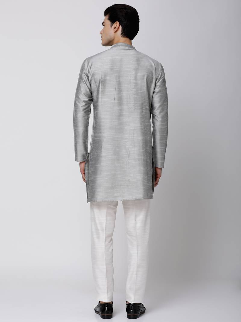 Svanik Silver Solid Blended Classic Long Kurta. - Svanik - 2932959