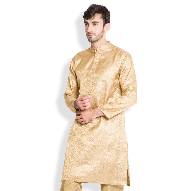 Svanik Gold Solid Blended Classic Long Kurta - Svanik - 2933042