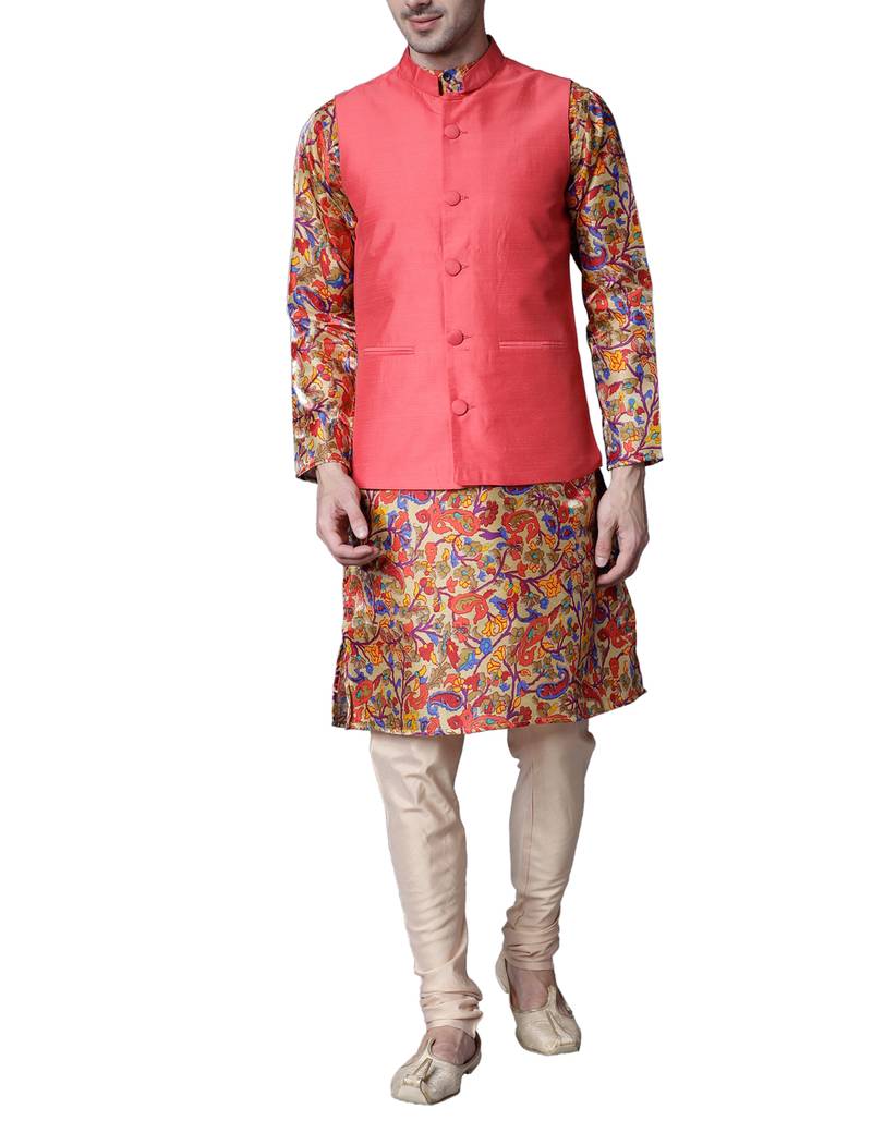 Svanik Gold, Multicolor & Red Printed & Solid Blended Classic Kurta ...