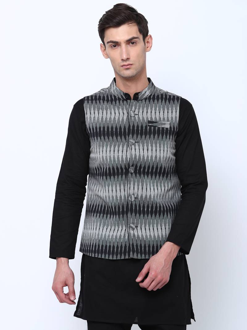 Svanik Black Self Design Cotton Waistcoat. - Svanik - 2933250