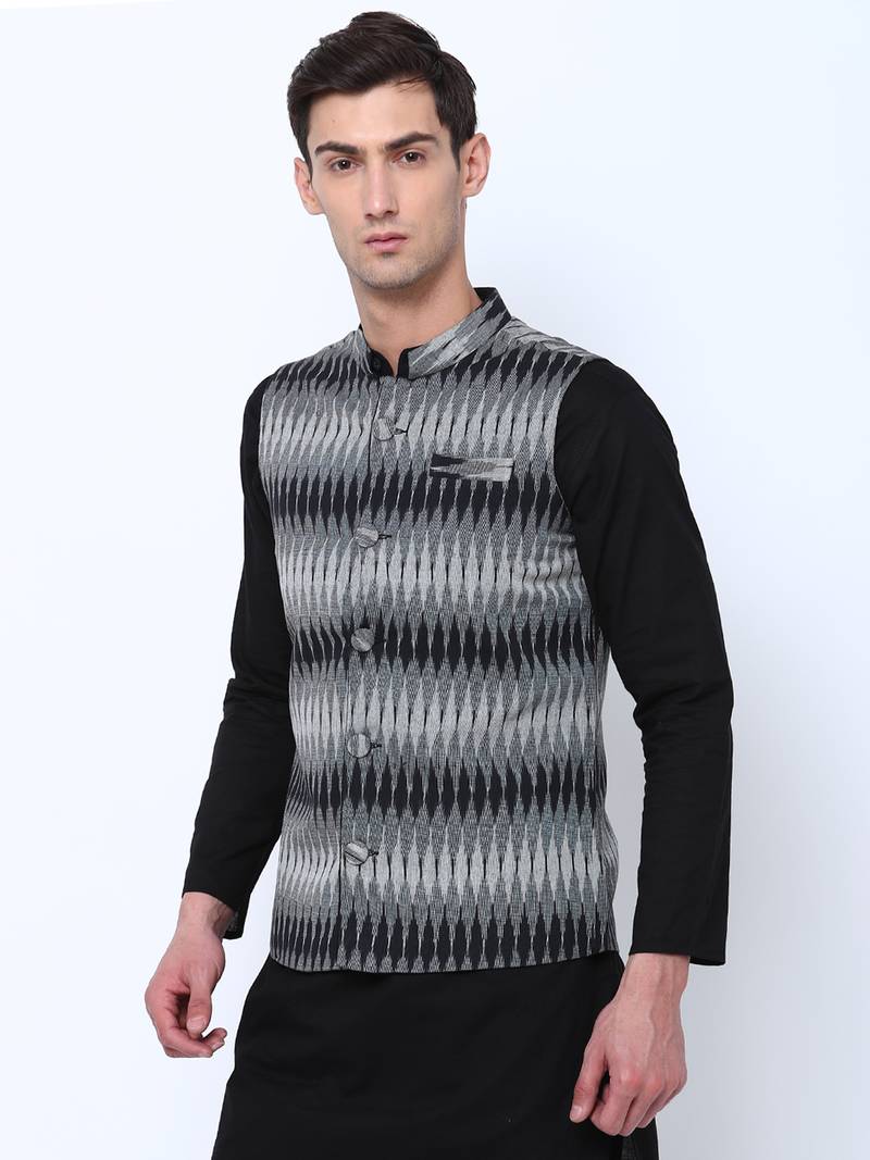 Svanik Black Self Design Cotton Waistcoat. - Svanik - 2933250