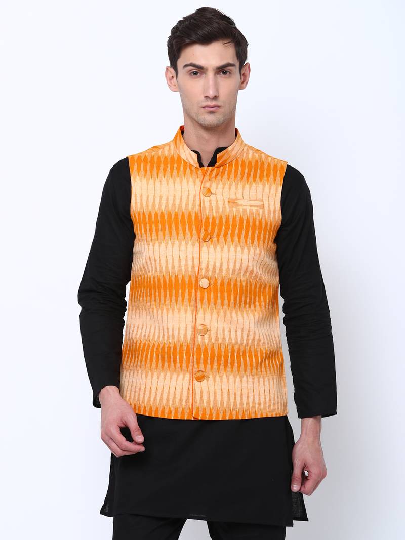 Svanik Yellow Self Design Cotton Waistcoat. - Svanik - 2933251