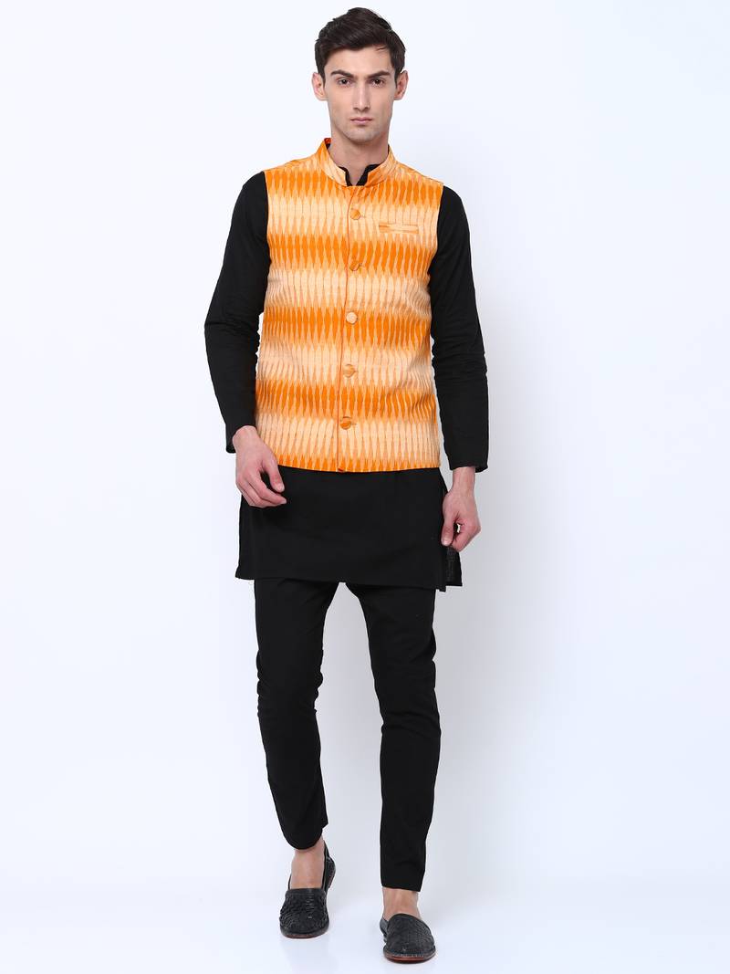 Svanik Yellow Self Design Cotton Waistcoat. - Svanik - 2933251