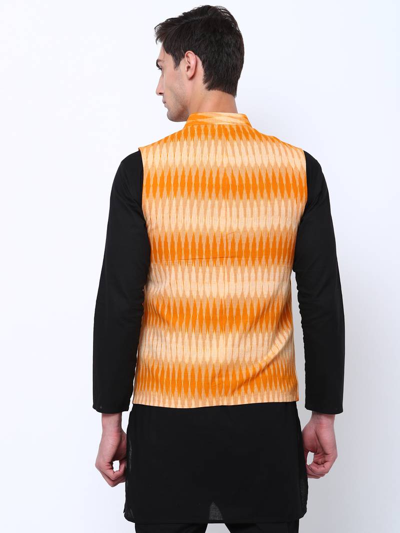 Svanik Yellow Self Design Cotton Waistcoat. - Svanik - 2933251