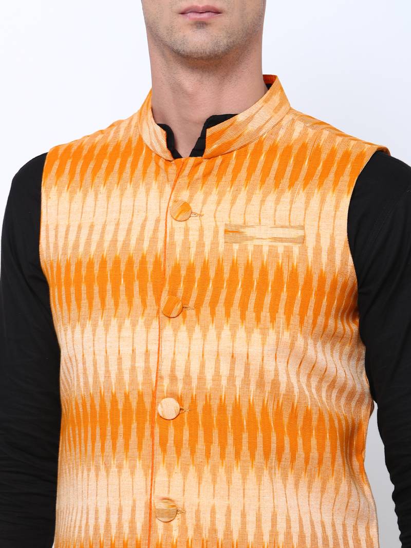 Svanik Yellow Self Design Cotton Waistcoat. - Svanik - 2933251