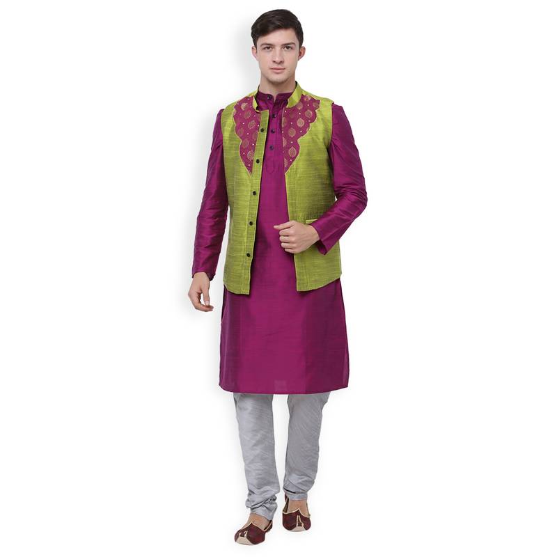 Svanik Green Rayon Blend Embroidered Waistcoat - Svanik - 2933356