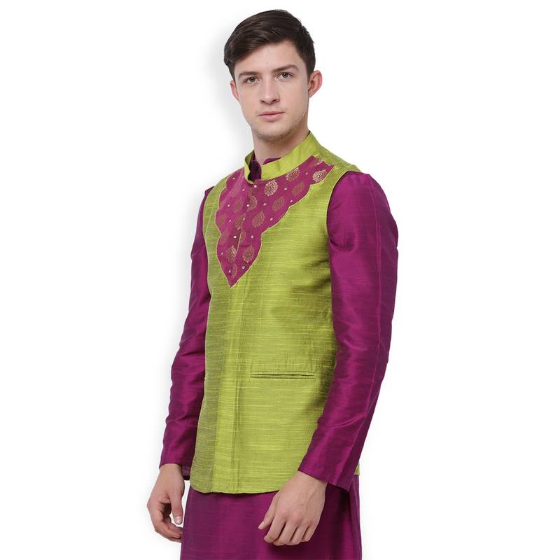 Svanik Green Rayon Blend Embroidered Waistcoat - Svanik - 2933356