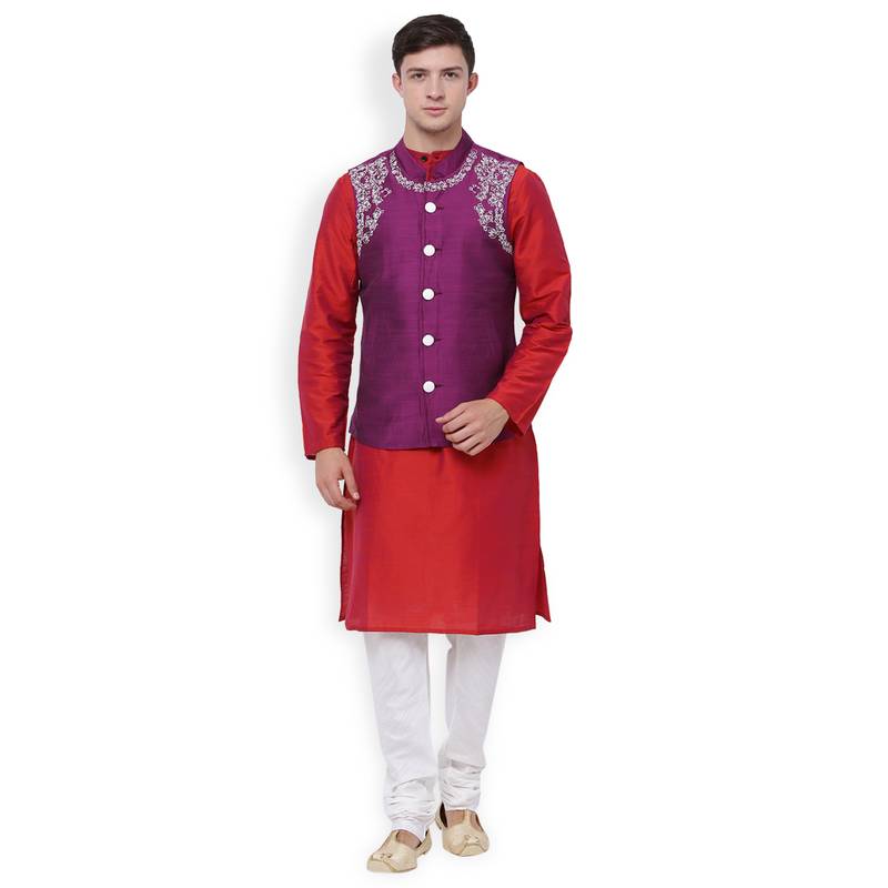 Svanik Purple Rayon Blend Embroidered Waistcoat - Svanik - 2933367