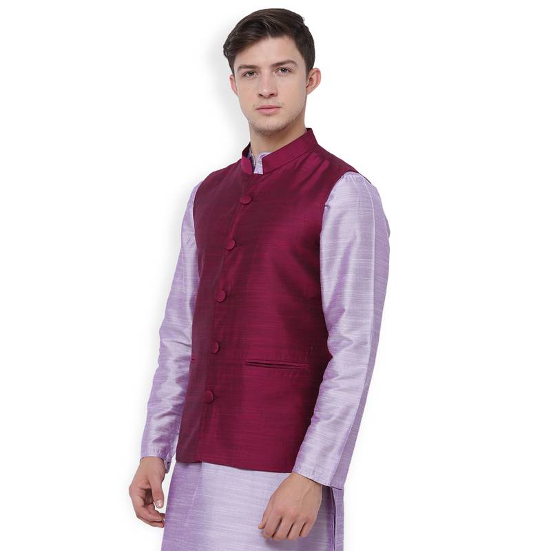 Svanik Maroon Rayon Blend Solid Waistcoat - Svanik - 2933369