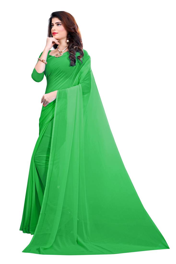 Light green plain faux georgette saree with blouse - FANCYNINE - 2933660