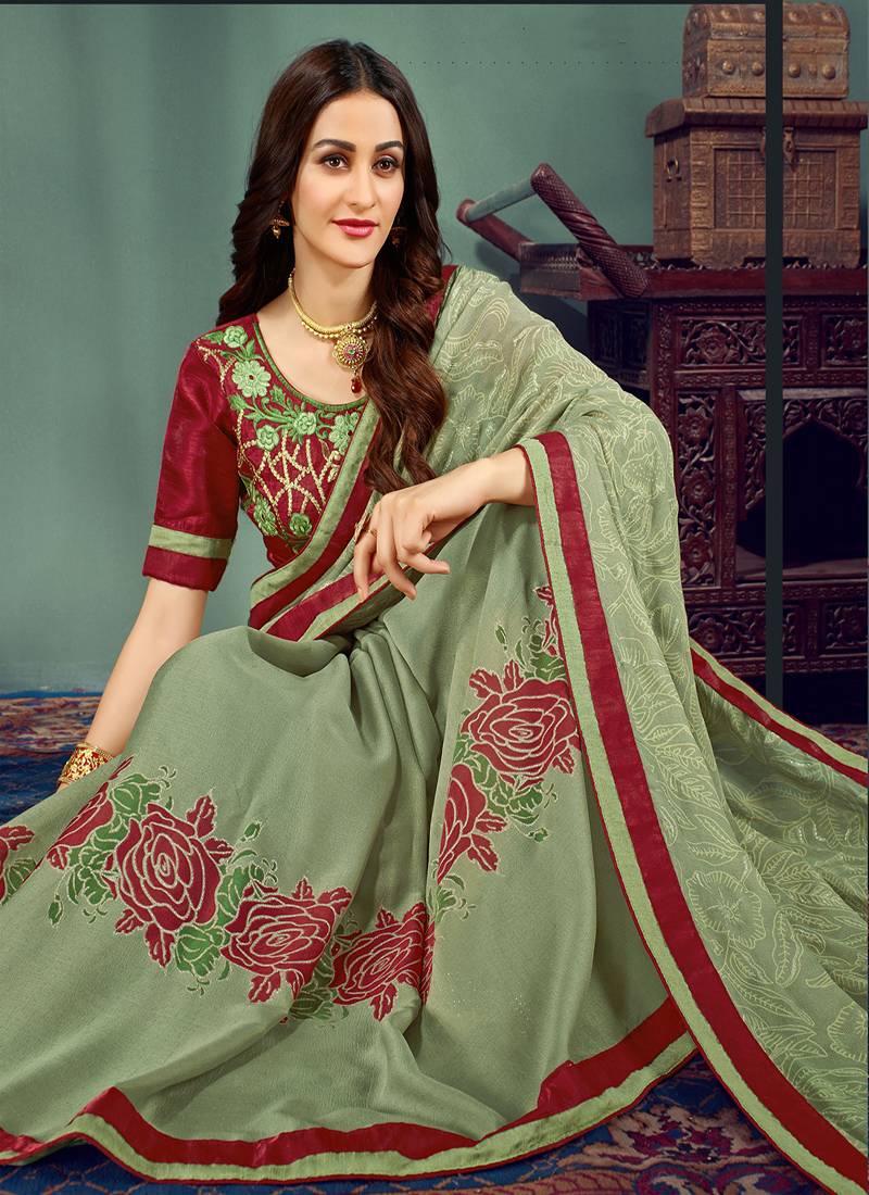 Mehendi printed chiffon saree with blouse - Monjolika - 2933804