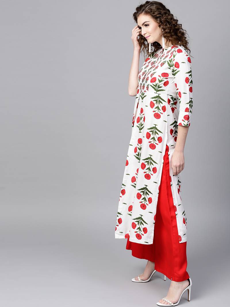 Off-White floral print Front & Side Slit Kurta - SASSAFRAS - 2935087