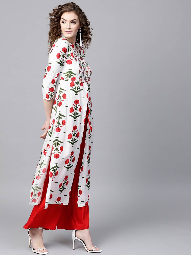 Off-White floral print Front & Side Slit Kurta - SASSAFRAS - 2935087