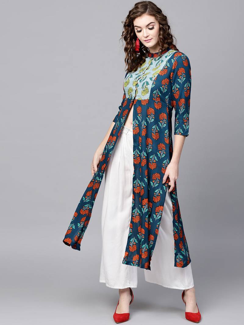 Blue floral print Front & Side Slit Kurta - SASSAFRAS - 2935088