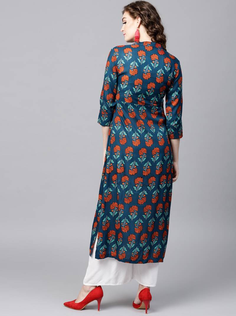 Blue floral print Front & Side Slit Kurta - SASSAFRAS - 2935088