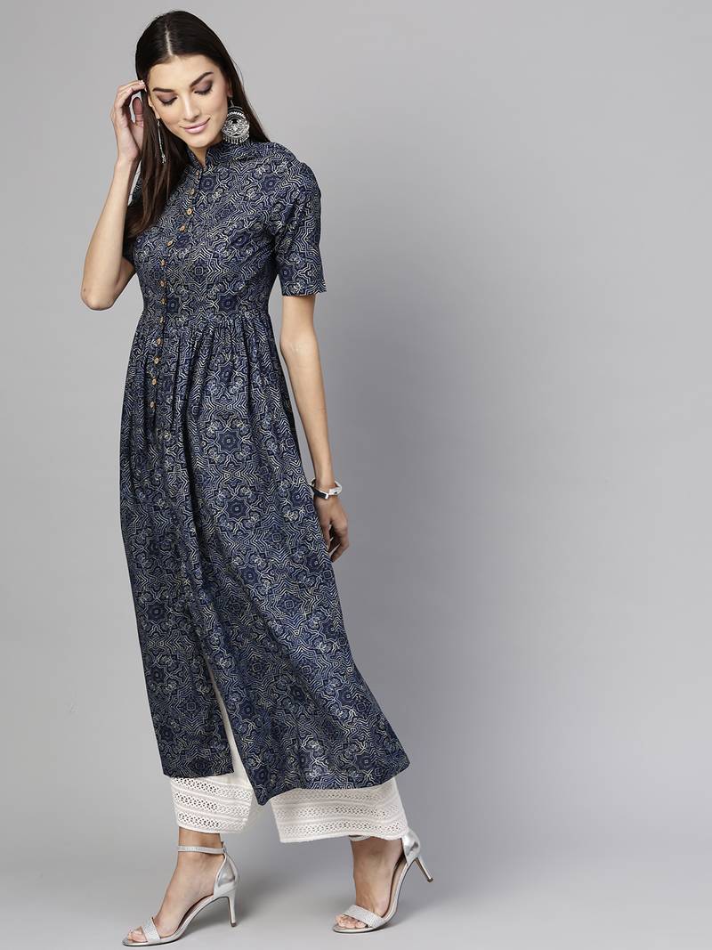 Indigo Geo Print Front Slit Gathered Kurta - SASSAFRAS - 2935128