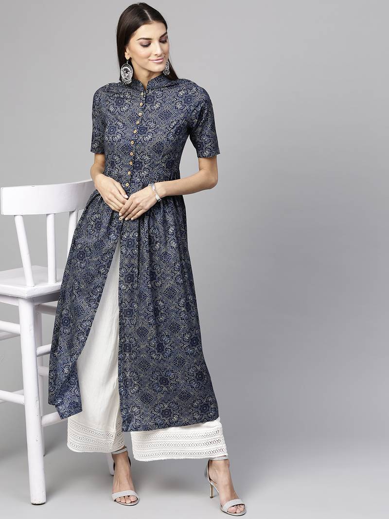 Indigo Geo Print Front Slit Gathered Kurta - SASSAFRAS - 2935128