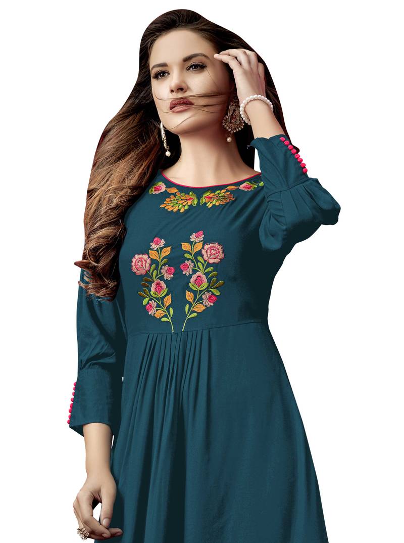 Women'S Blue Color Rayon Designer Kurti - MANVAA - 2938503