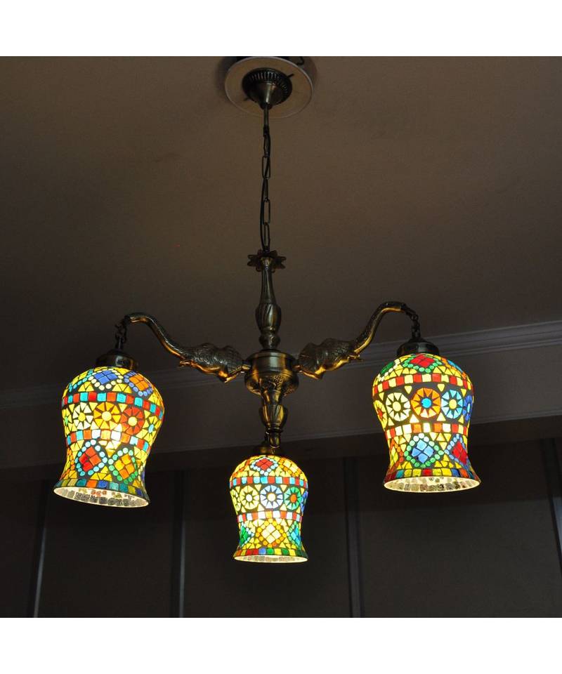 Turquoise Color Mosaic Glass Elephant Metal Fitting 3-Light Chandeliers ...