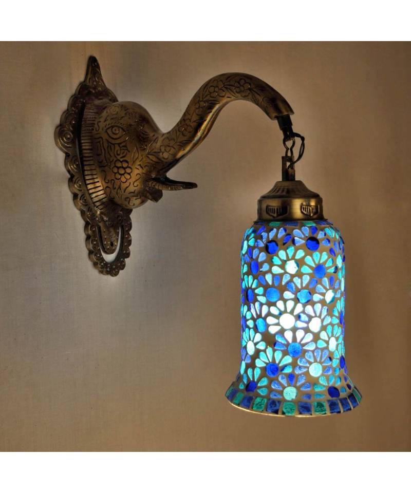 Blue Mosaic Glass Trunk Up Elephant Metal Brass Polish Finish Fitting ...