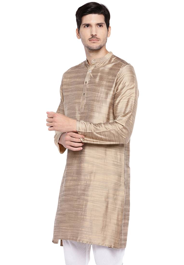 Men'S Art Silk Self Textured Beige Colour Long Kurta - Om Clothing ...