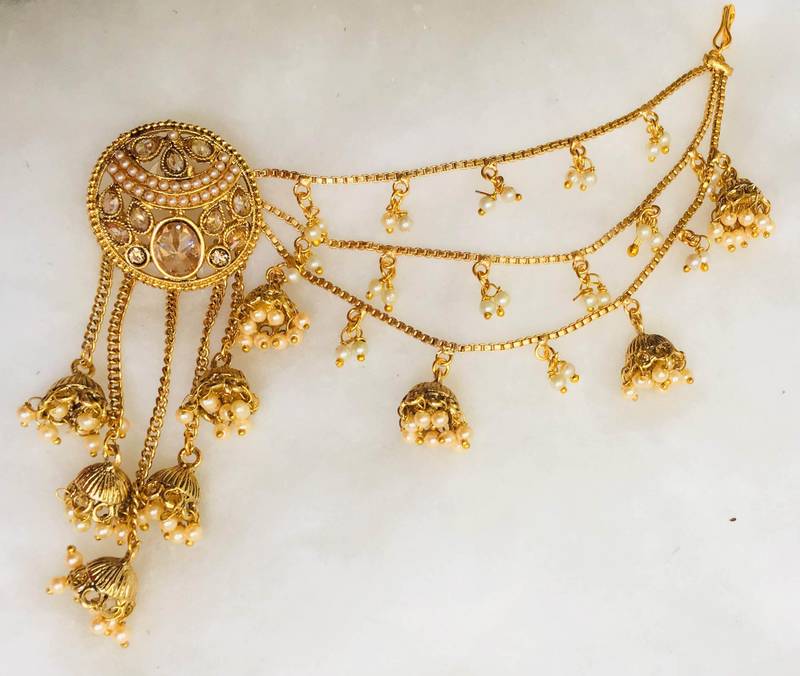 Gold Plated Multi Chain Hanging Chains Jhumka Earrings With Hair Chain ...